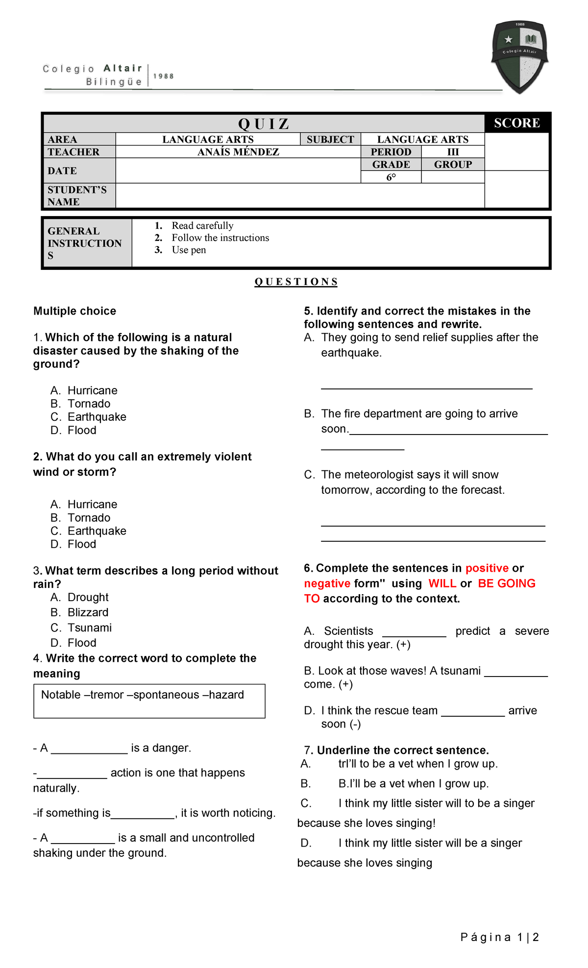 Formato QUIZ Regular - P á g i n a 1 | 2 Q U I Z SCORE AREA LANGUAGE ...