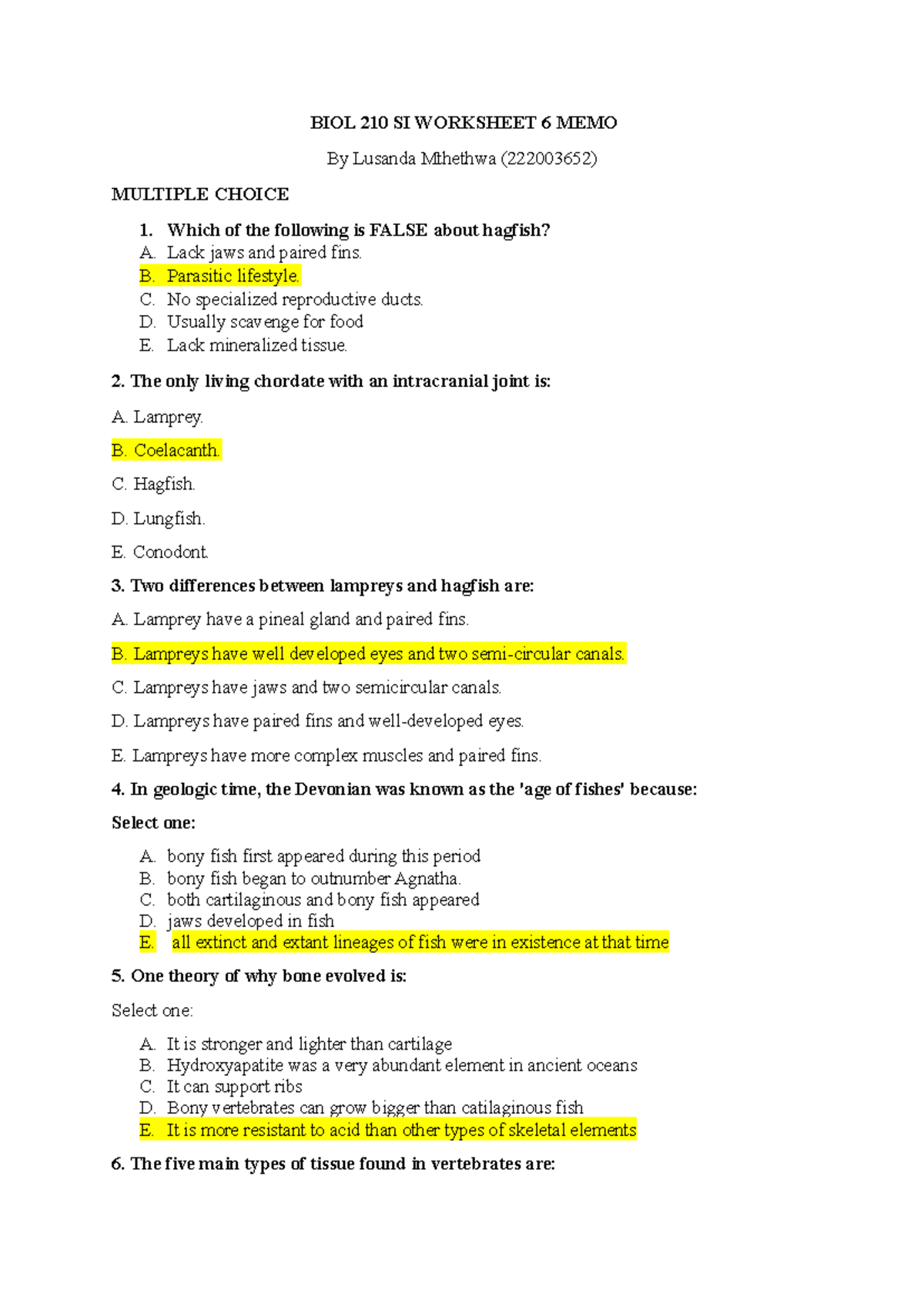 BIOL 210 SI Worksheet 6 MEMO - BIOL 210 SI WORKSHEET 6 MEMO By Lusanda Mthethwa (222003652 ...