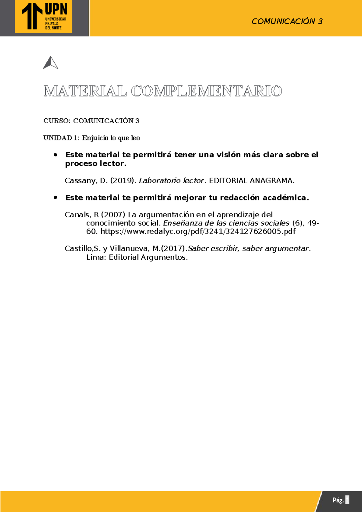 Material Complementario S1 2024-1 - COMUNICACIÓN 3 MATERIAL COMPLEMENTARIO CURSO: COMUNICACIÓN 3 ...