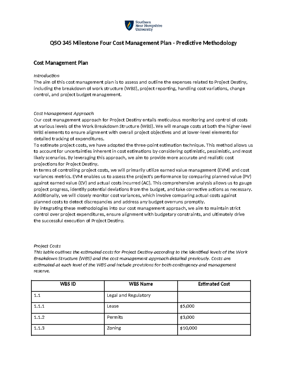 QSO 345 Milestone Four Cost Management Plan Bg - Cost Management ...