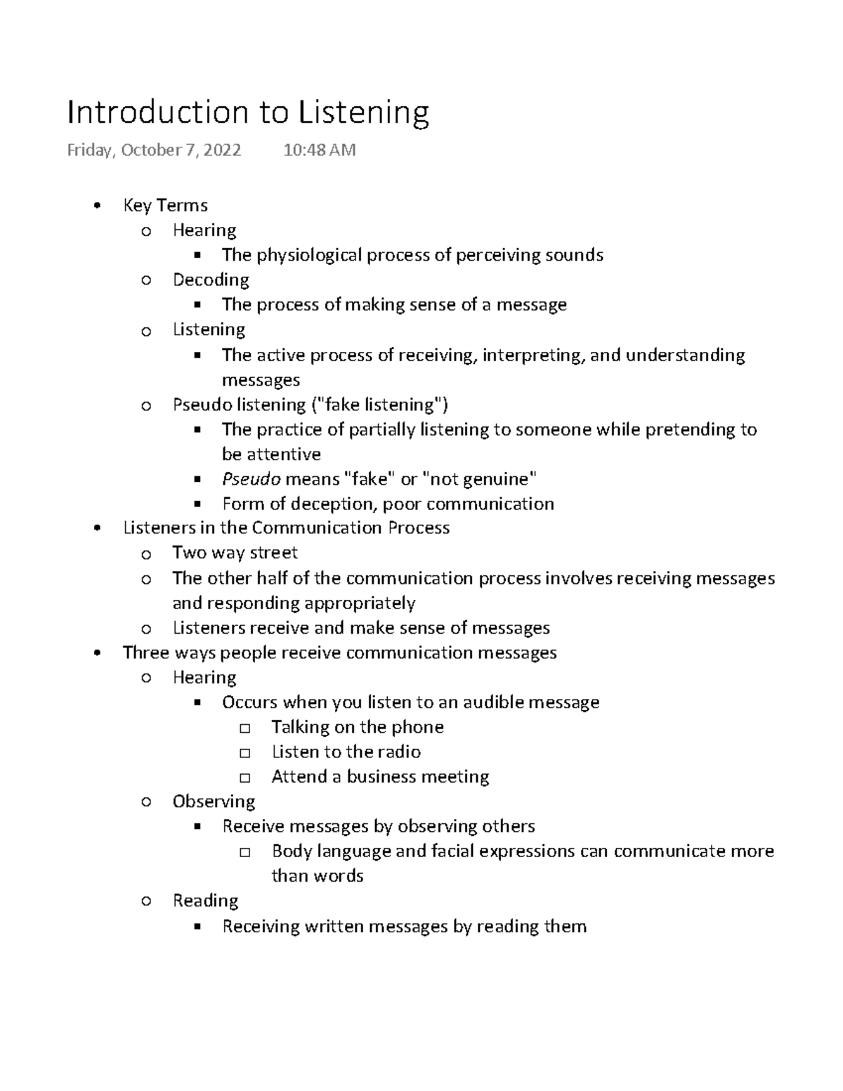 Introduction to Listening - Key Terms ï Hearing § The physiological ...