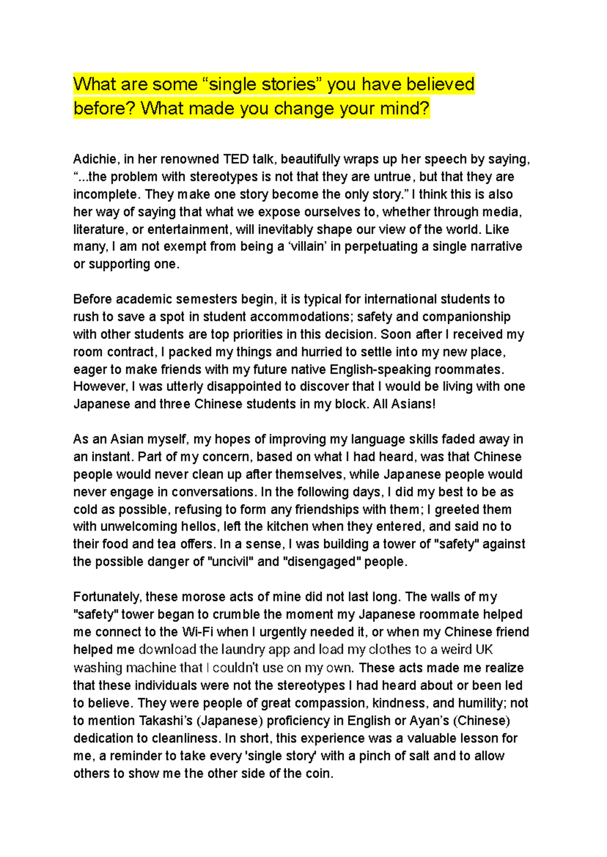 Sample reflective essay on TED talk - What are some “single stories ...