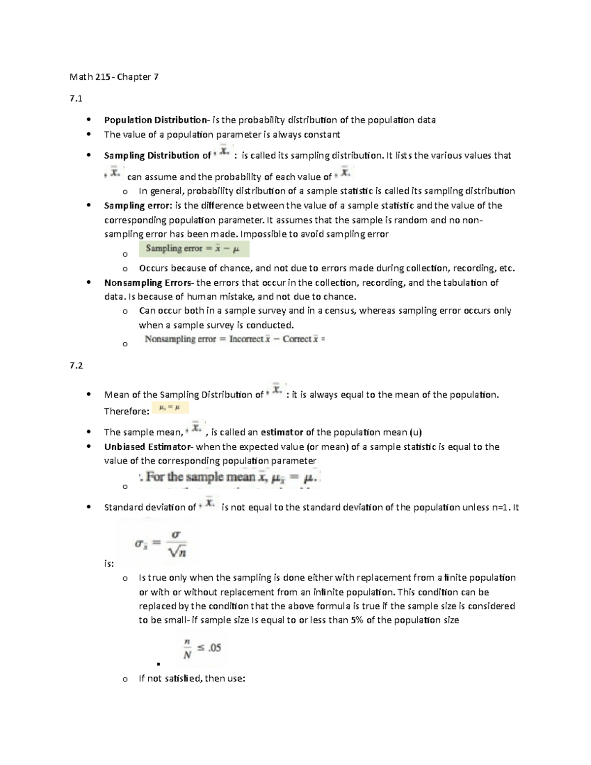 Math 215 Chapter 7 - Math 215- Chapter 7 Population Distribution- is ...