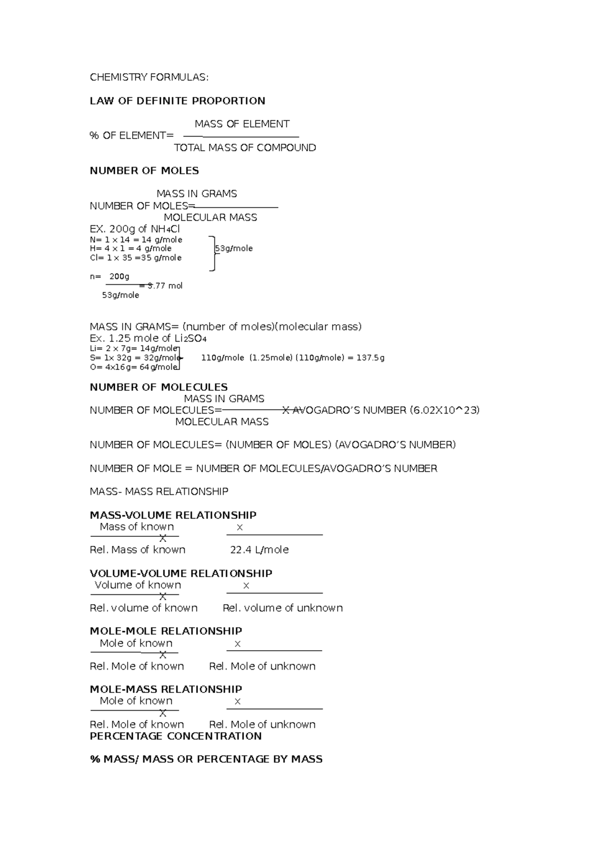 Chemistry Formulas - CHEMISTRY FORMULAS: LAW OF DEFINITE PROPORTION ...
