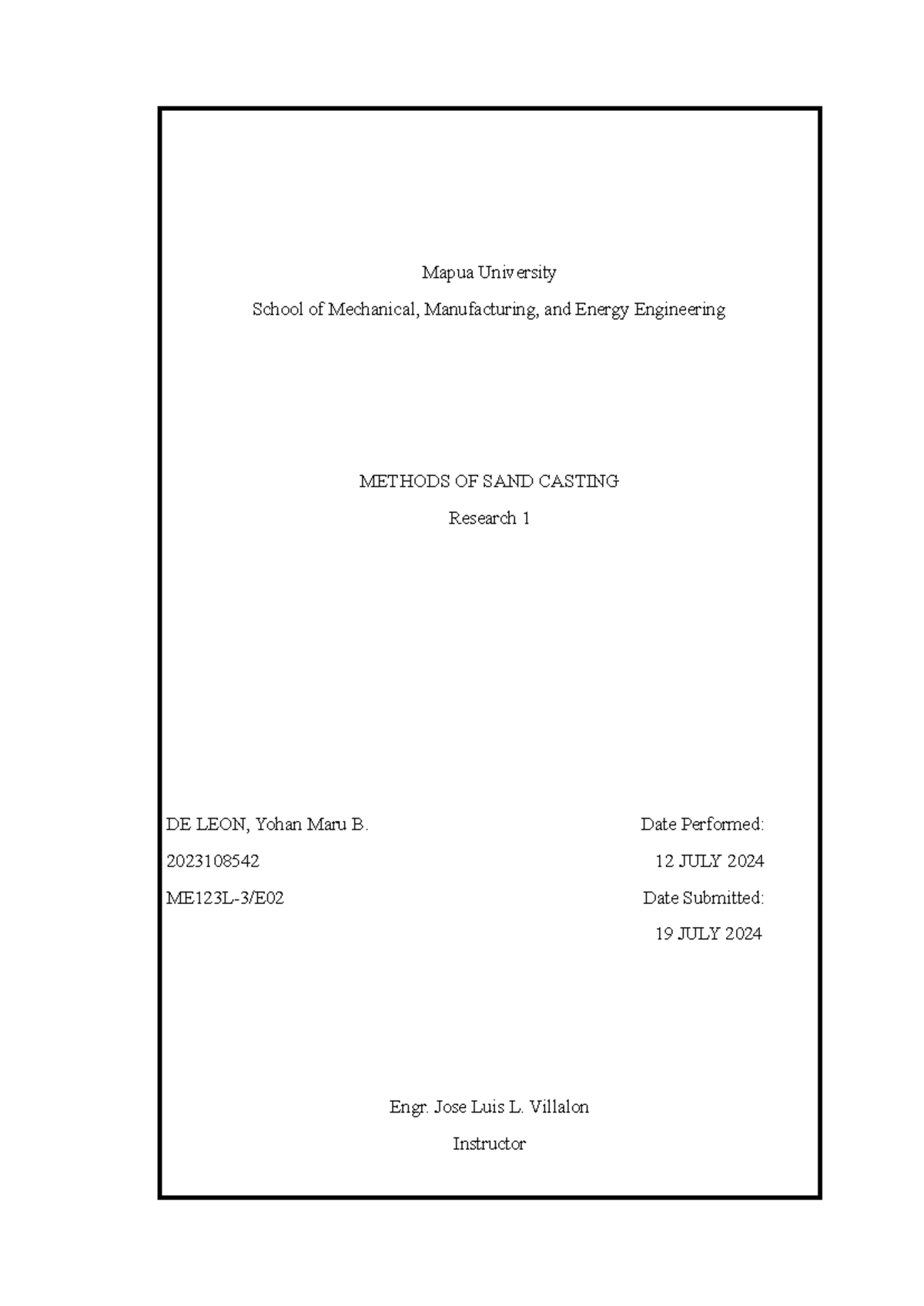 DE LEON Sand casting - research 1 - Mapua University School of Mechanical, Manufacturing, and ...
