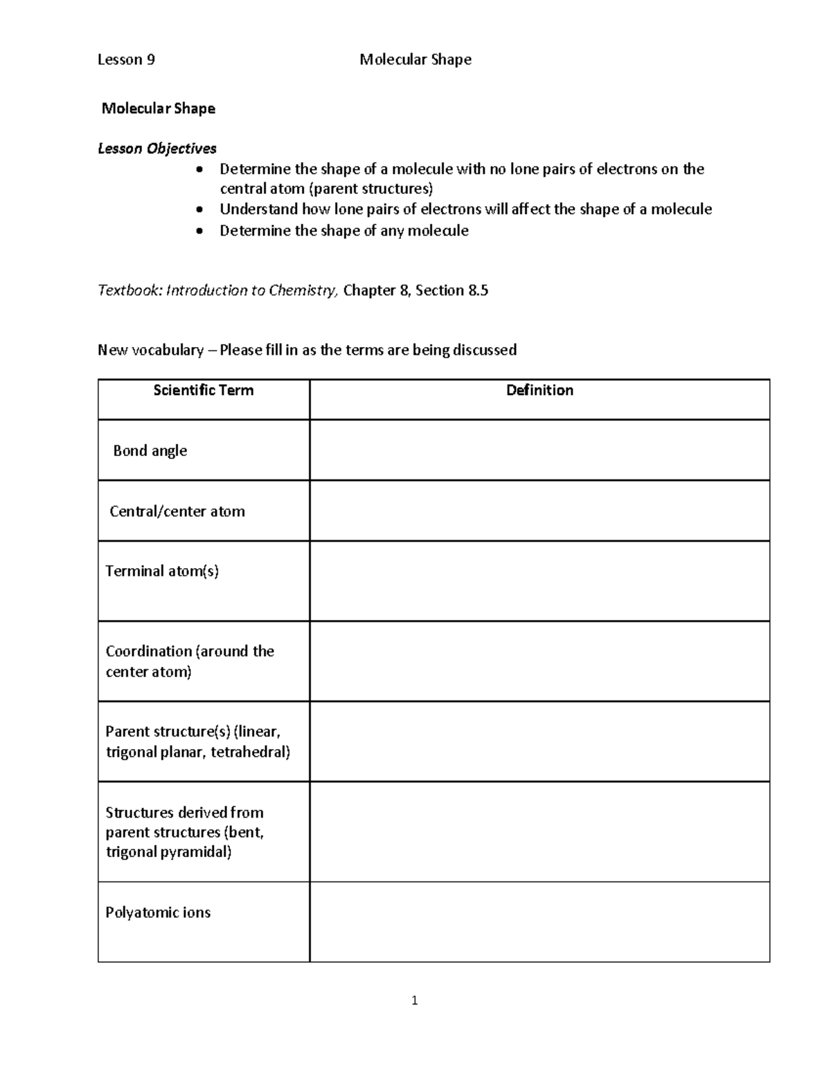 Lesson 9 F2021 - course work - Molecular Shape Lesson Objectives ...