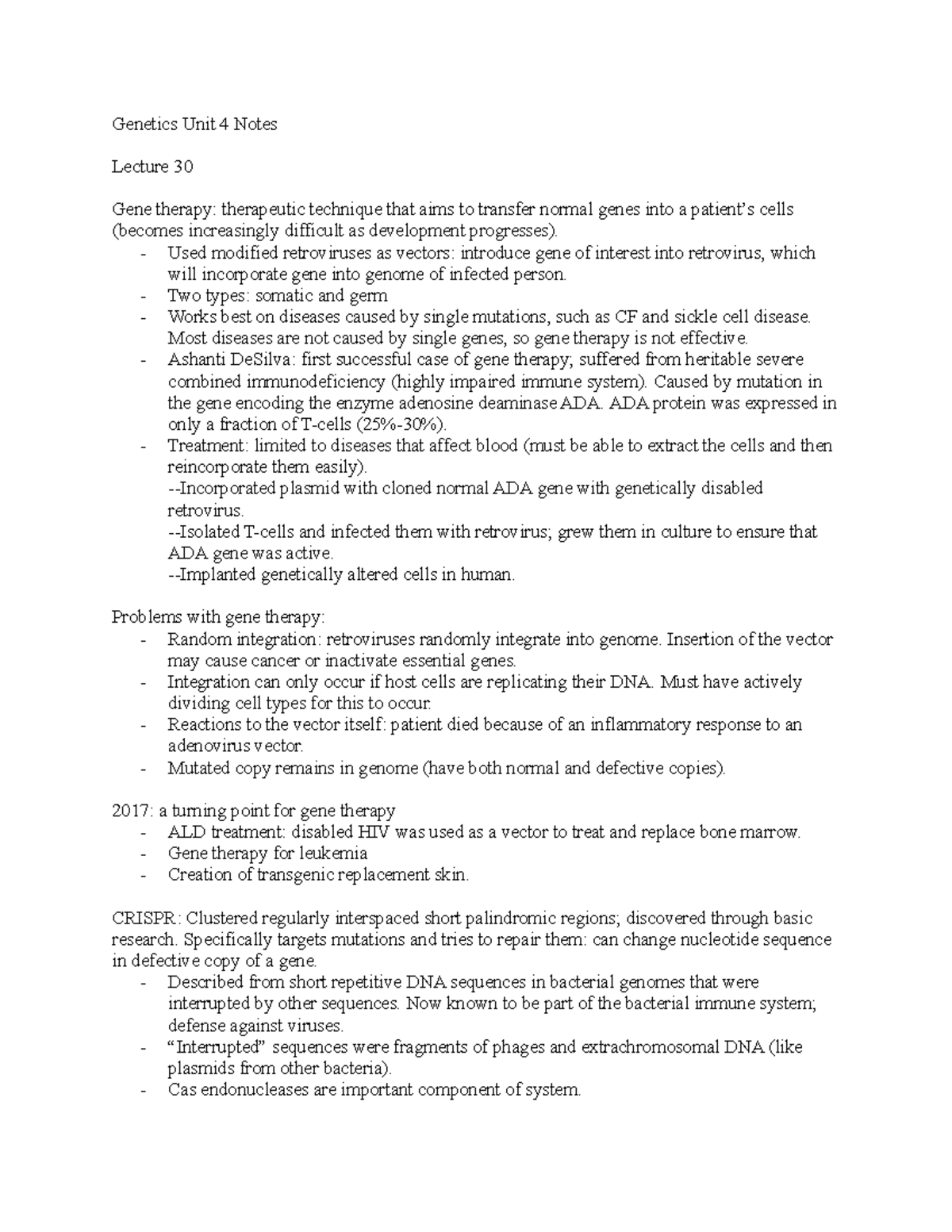 Bio 190 Unit 4 Notes - Genetics Unit 4 Notes Lecture 30 Gene therapy ...