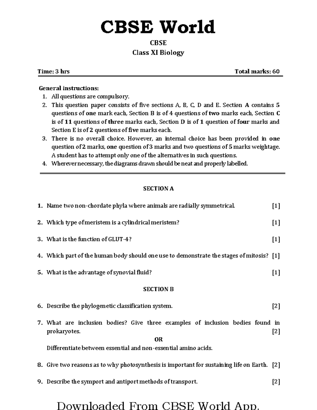 2021 Biology Sample Paper Set 7 - CBSE Class XI Biology Time: 3 hrs ...