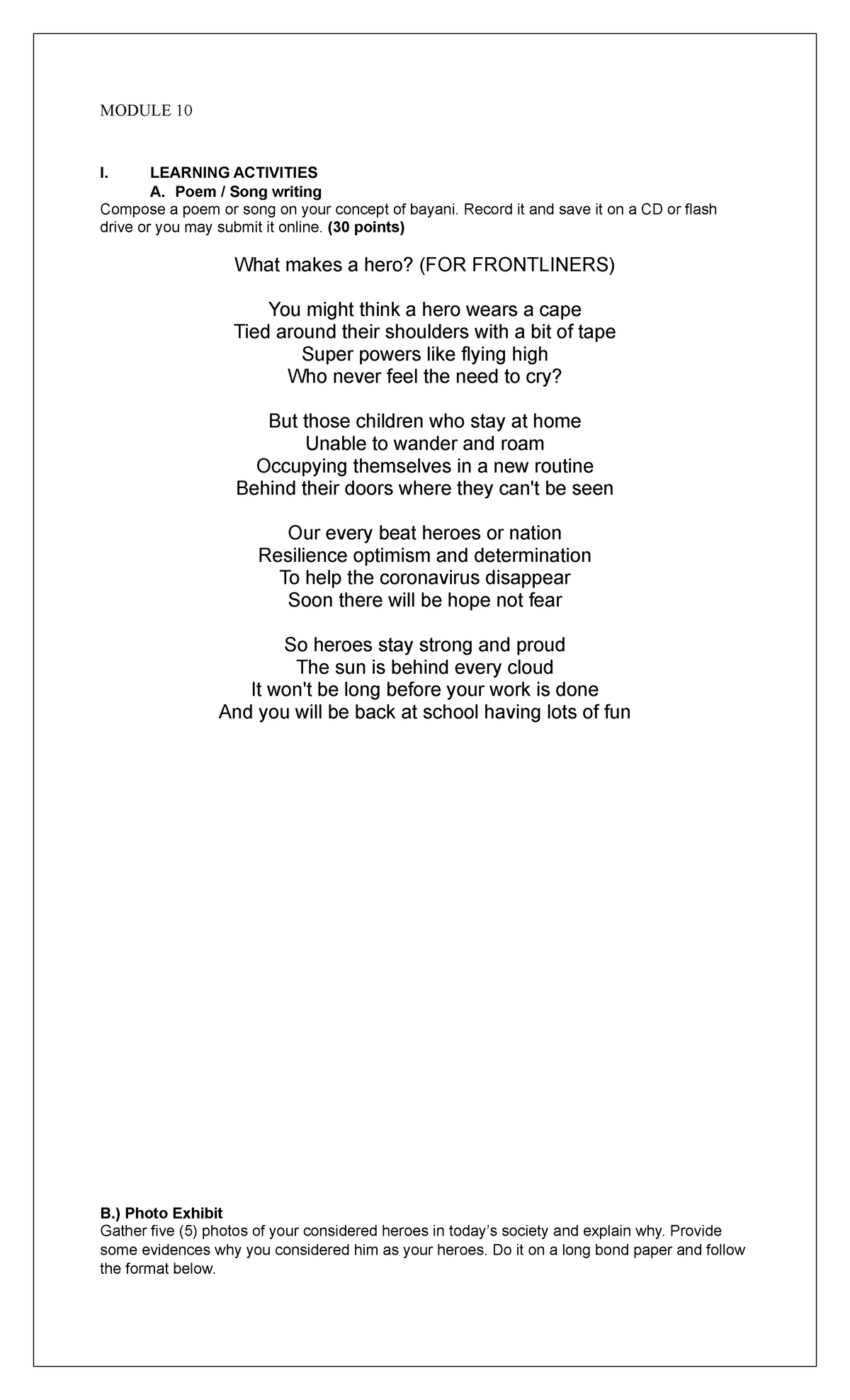 Module 10 - learning activities - MODULE 10 I. LEARNING ACTIVITIES A ...