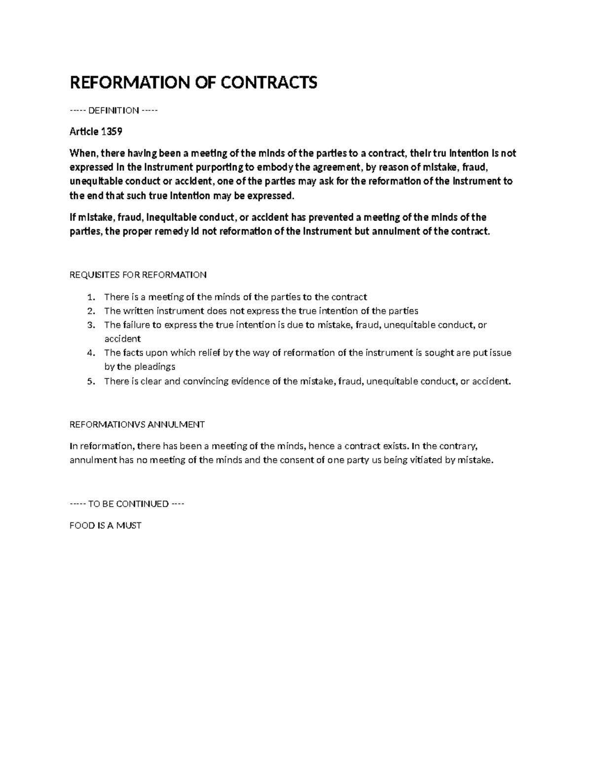 Oblicooon - REFORMATION OF CONTRACTS - DEFINITION - Article 1359 When, there having been a ...