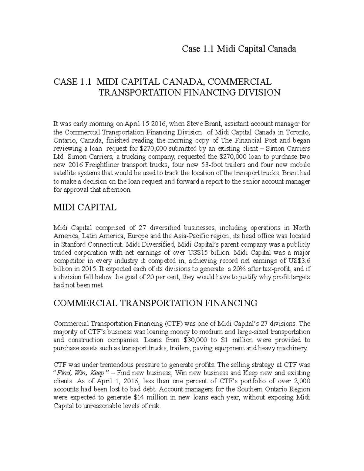 CASE 1.1 Accounting Midi Capital - Case 1 Midi Capital Canada CASE 1 ...