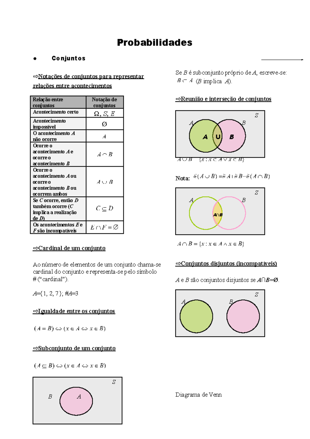 Probabilidades resumo - Probabilidades Conjuntos ⇨Notações de conjuntos ...