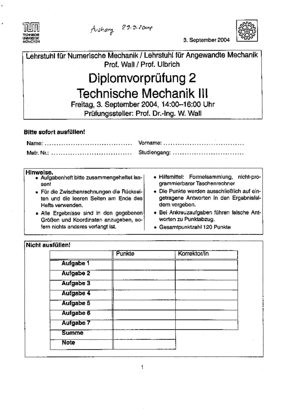 Klausur, Antworten - Technische Mechanik III (MW1939) - Studocu