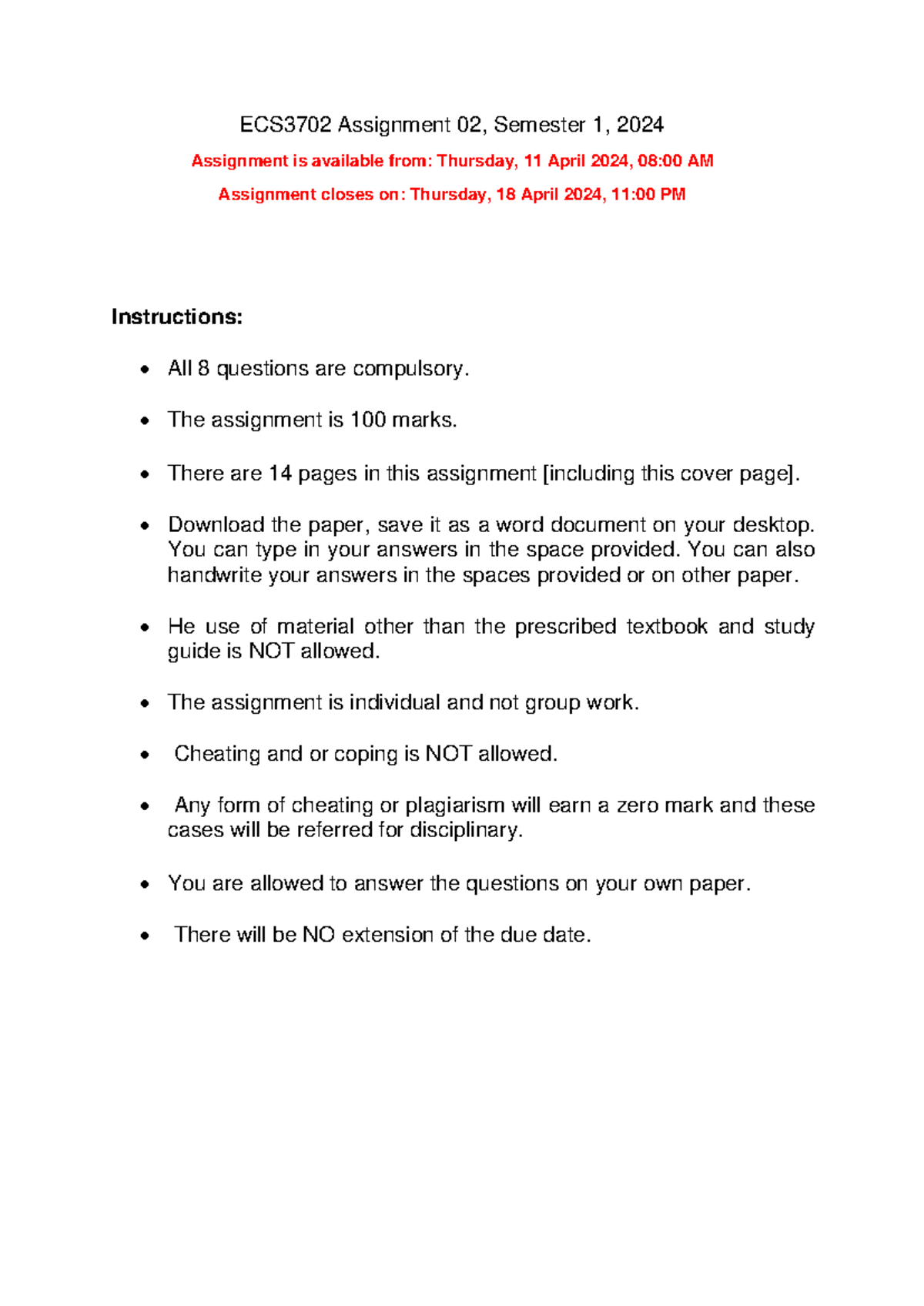 ECS3702 Assignment 02 Semester 1 2024 - ECS3702 Assignment 0 2 ...