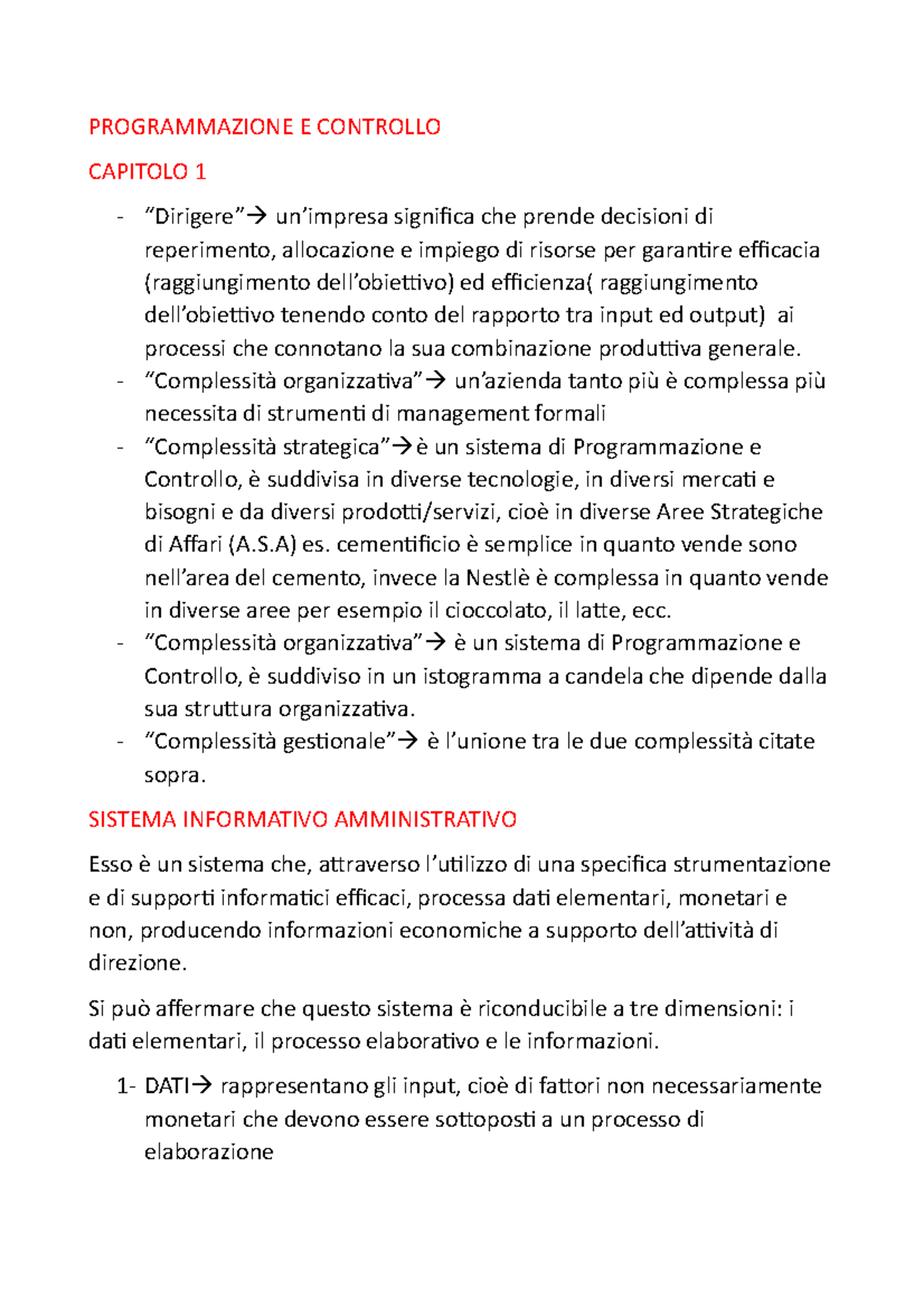 APPUNTI PROGRAMMAZIONE E CONTROLLO - PROGRAMMAZIONE E CONTROLLO CAPITOLO 1 “Dirigere” un’impresa ...