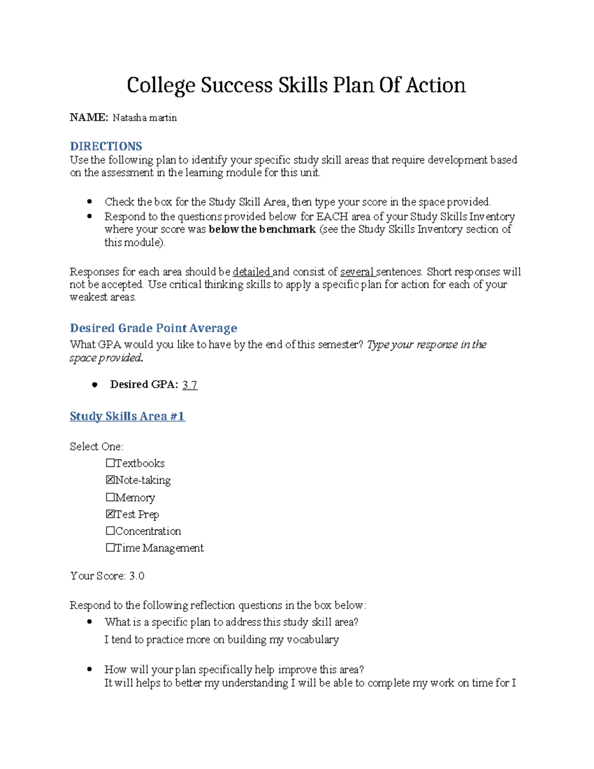 College Success Skills Plan of Action Form - College Success Skills ...