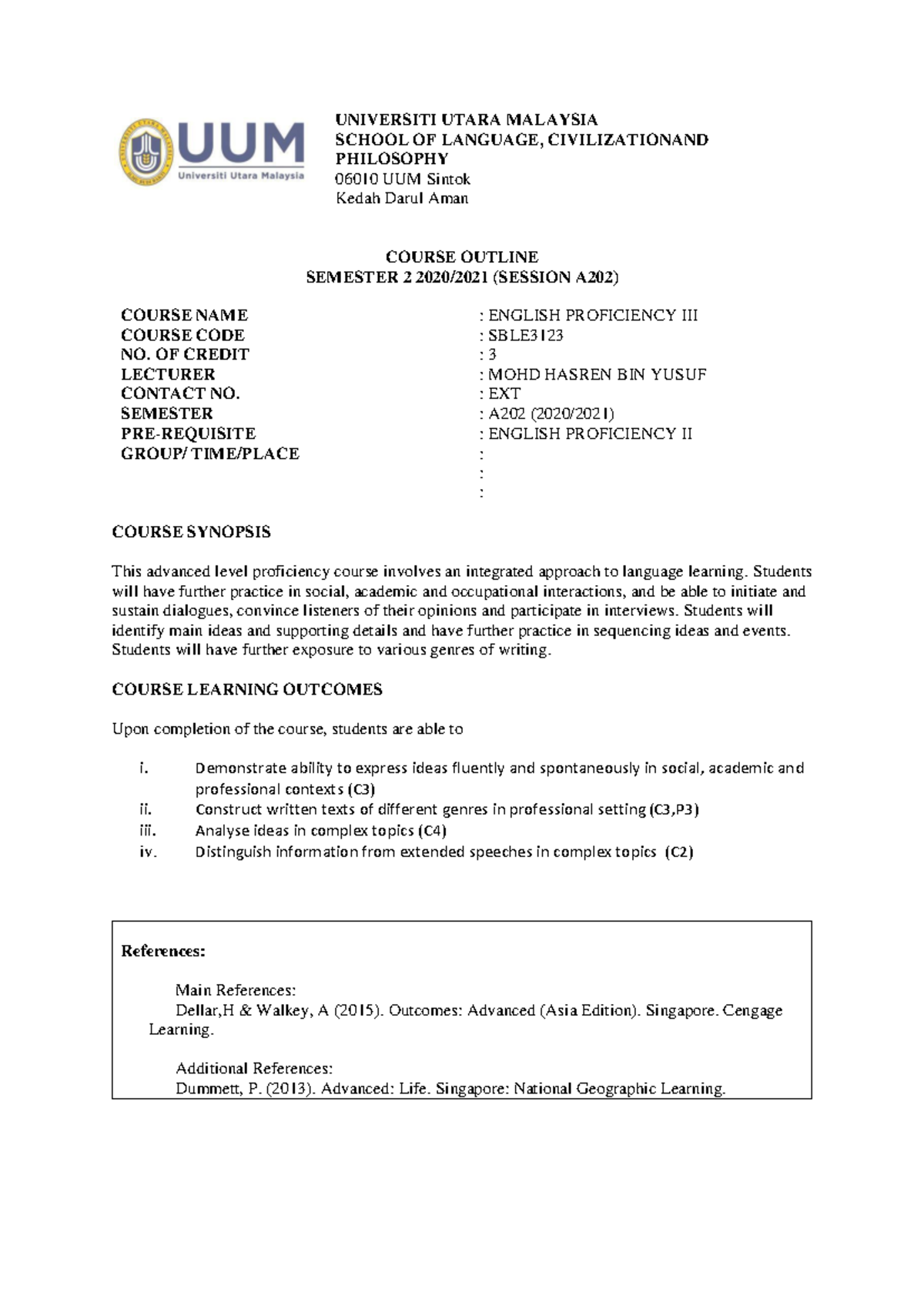 Epiii A202 Course Outline - References: Main References: Dellar,H ...