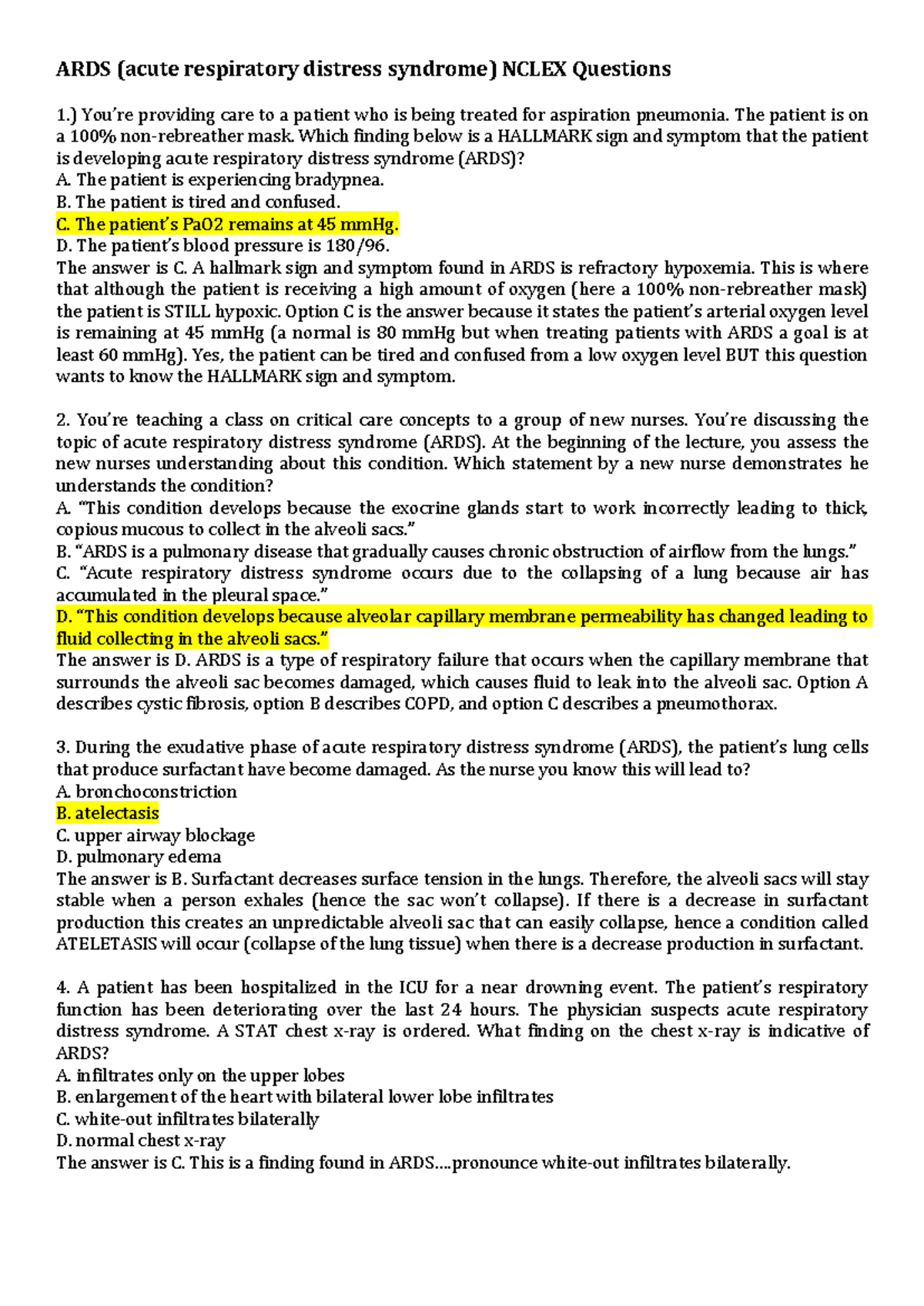 Respi Nclex PRAC QS - nursing - ARDS (acute respiratory distress ...