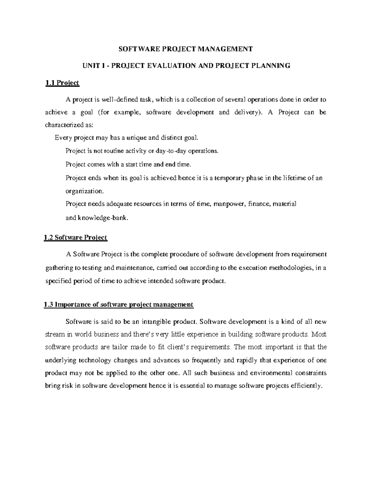SPM UNIT 1 Notes - SOFTWARE PROJECT MANAGEMENT UNIT I - PROJECT ...