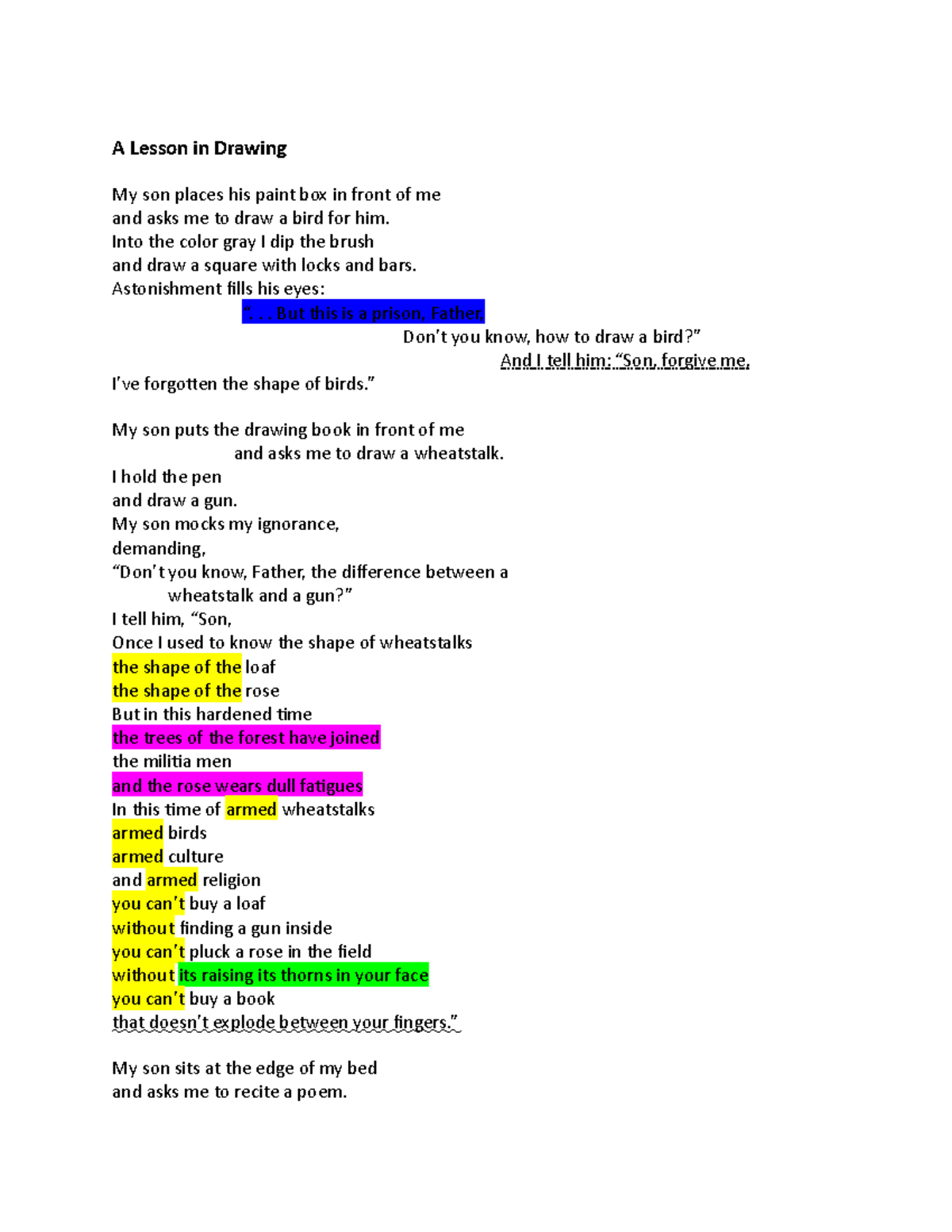 'A Lesson in Drawing' Poetic Devices - A Lesson in Drawing My son ...