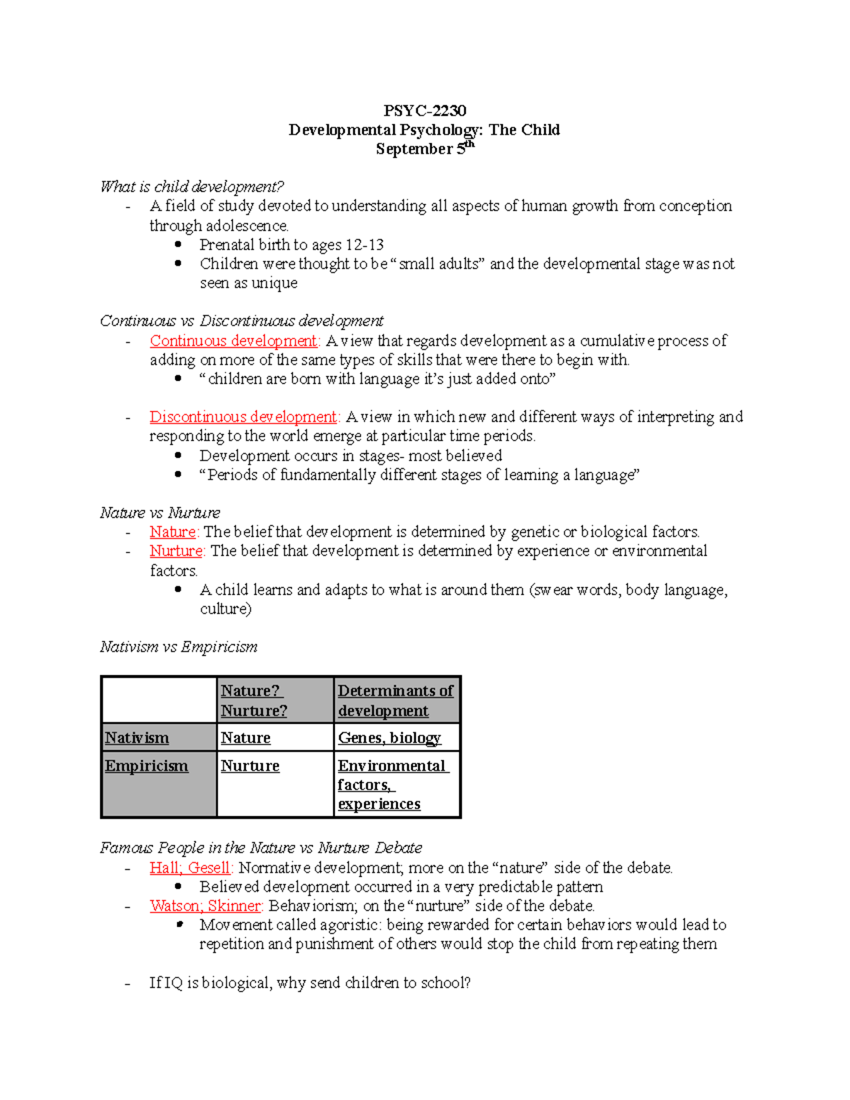 Psyc2230 lecture 1 - notes - PSYC- Developmental Psychology: The Child ...