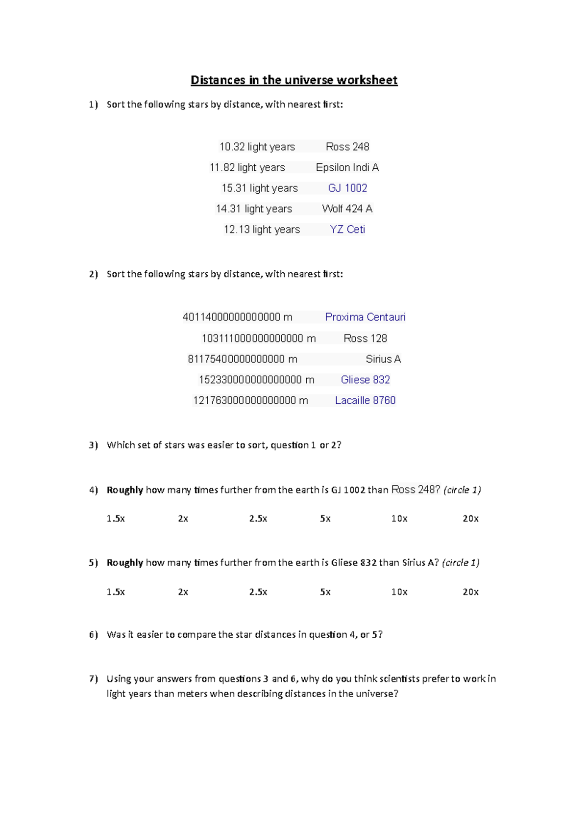 Distances-in-the-universe-worksheet intro students - Distances in the ...