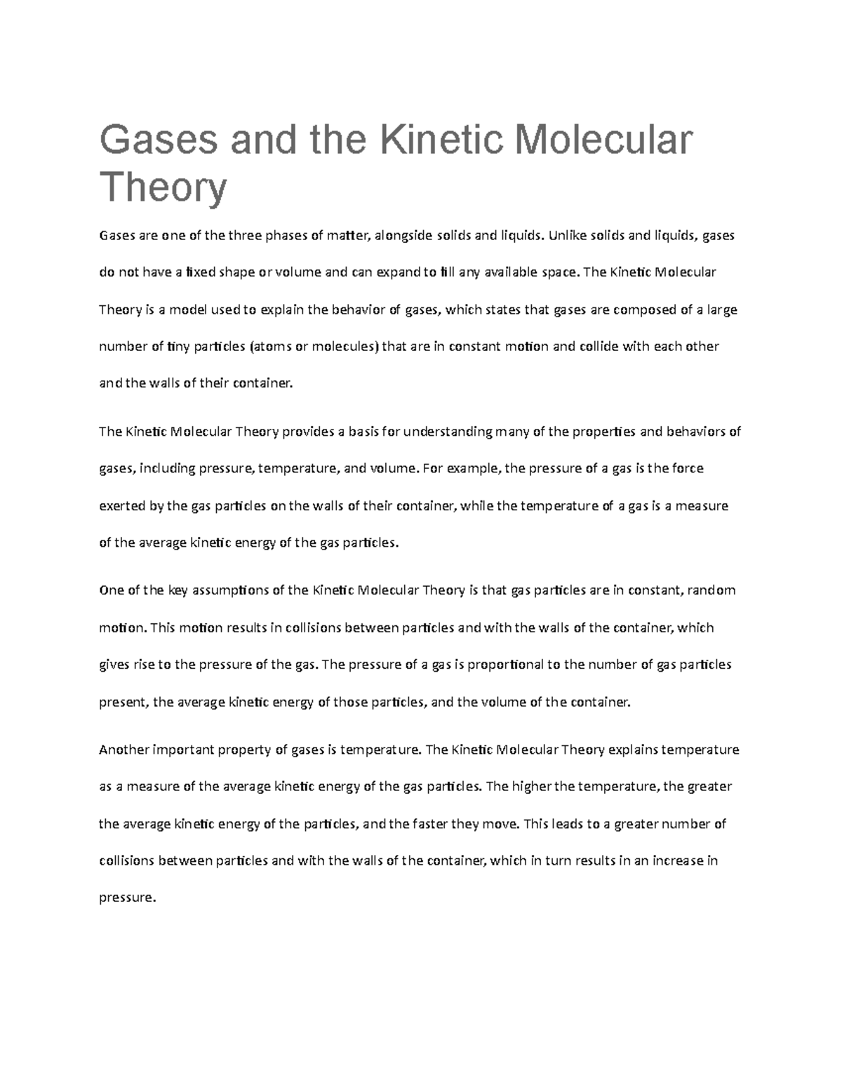 Gases and the Kinetic Molecular Theory - Gases and the Kinetic ...