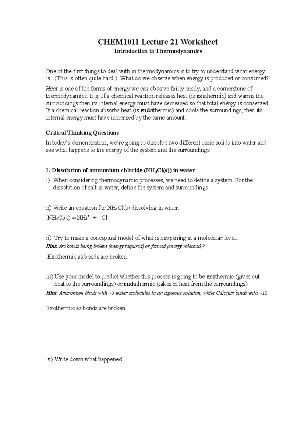 Worksheet 21 - practise materials - CHEM1011 Lecture 21 Worksheet ...