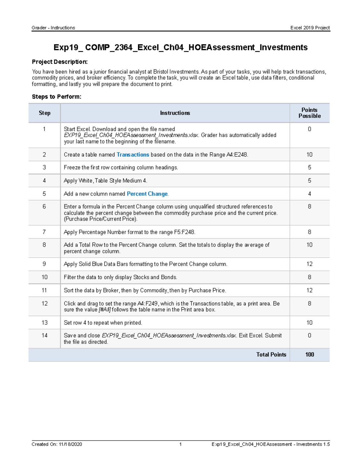 Assignment 04 Assessment Investments - Grader - Instructions Excel 2019 Project Exp19_ - Studocu