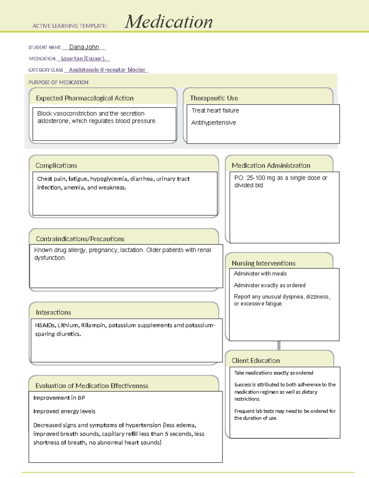 Losartan - Cozaar - med card - STUDENT NAME Dana John MEDICATION ...