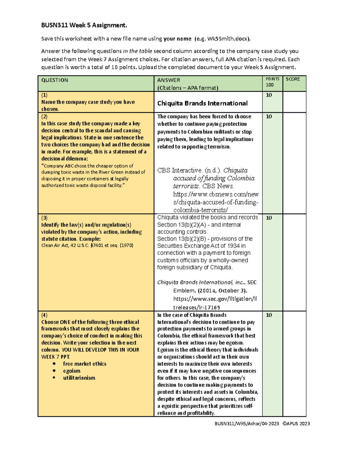 Week 5 assignment - BUSN311 Week 5 Assignment. Save this worksheet with ...