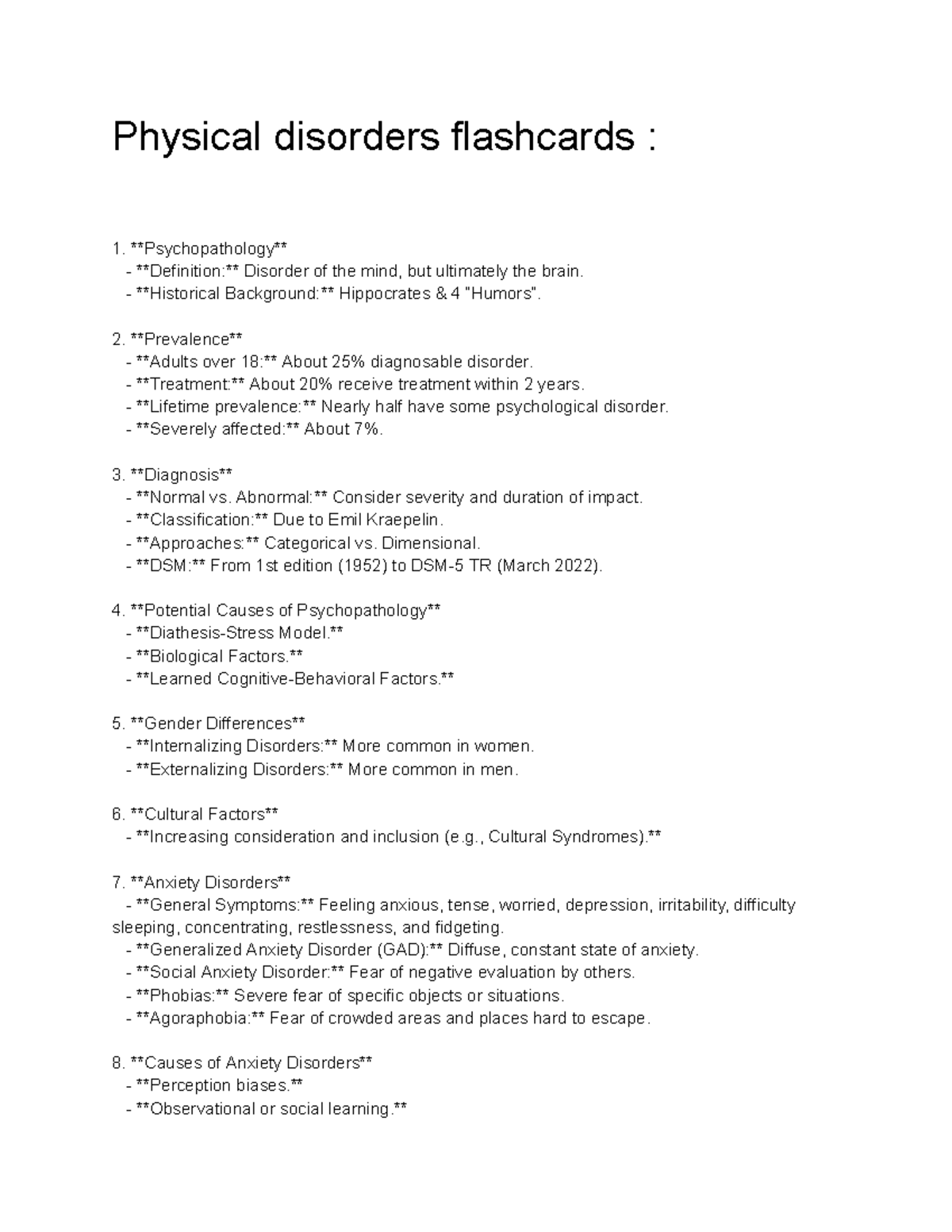 summery notes phyc - Physical disorders flashcards : 1. Psychopathology ...