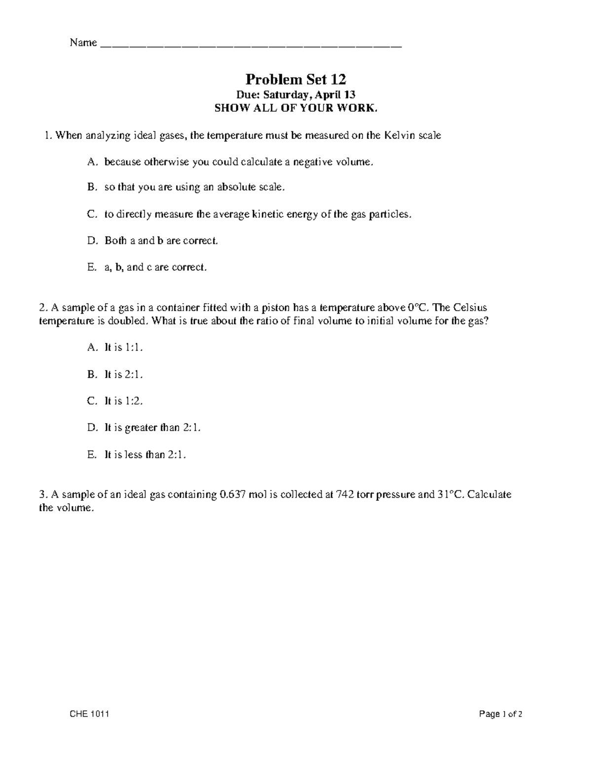 Problem Set 12 - Name ____________________________________________________ CHE 10 11 Page 1 of 2 ...