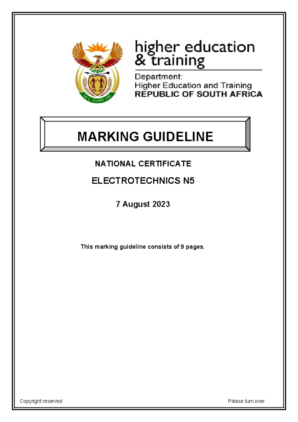 T540 - Electrotechnics N5 AUG MEMO 2023 - NATIONAL CERTIFICATE ...