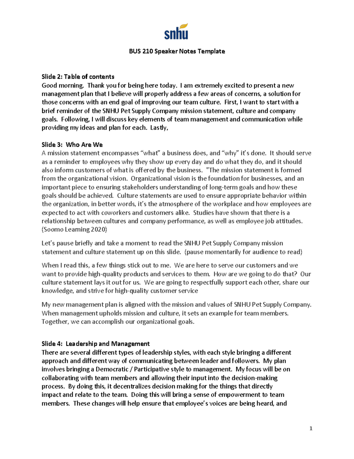 Project One speaker notes - 1 BUS 210 Speaker Notes Template Slide 2 ...