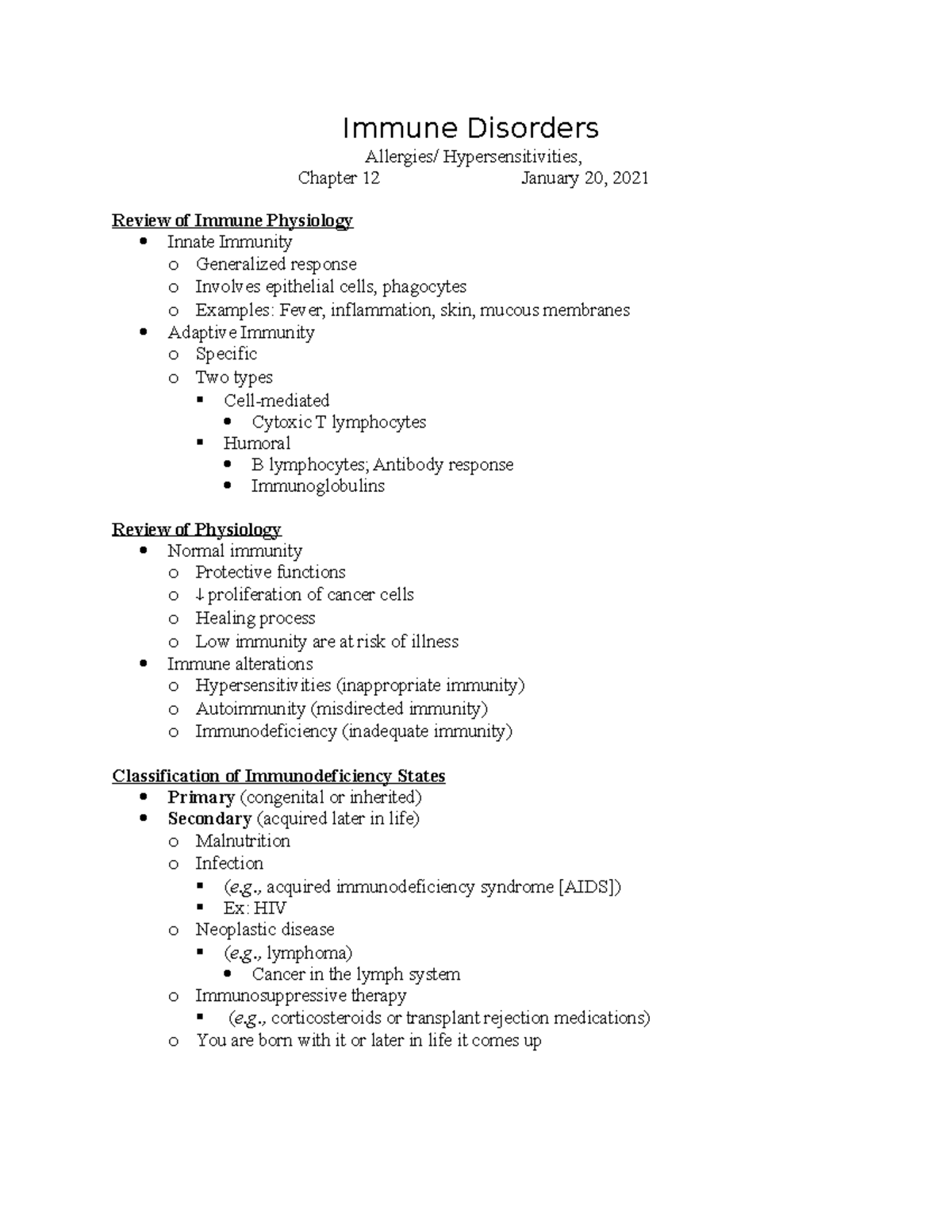 Immune Disorders - Exam 2 lecture notes - Immune Disorders Allergies ...