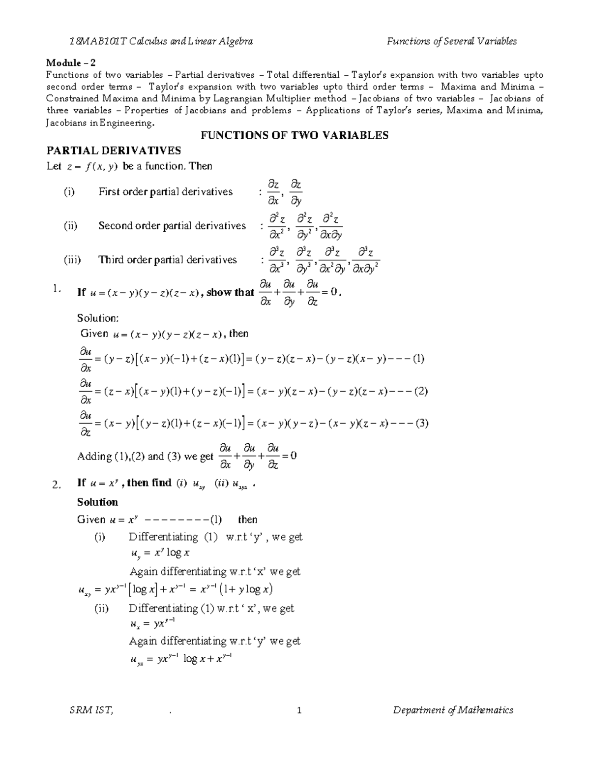 Unit 2 Functions of several variables - Module – 2 Functions of two variables – Partial ...