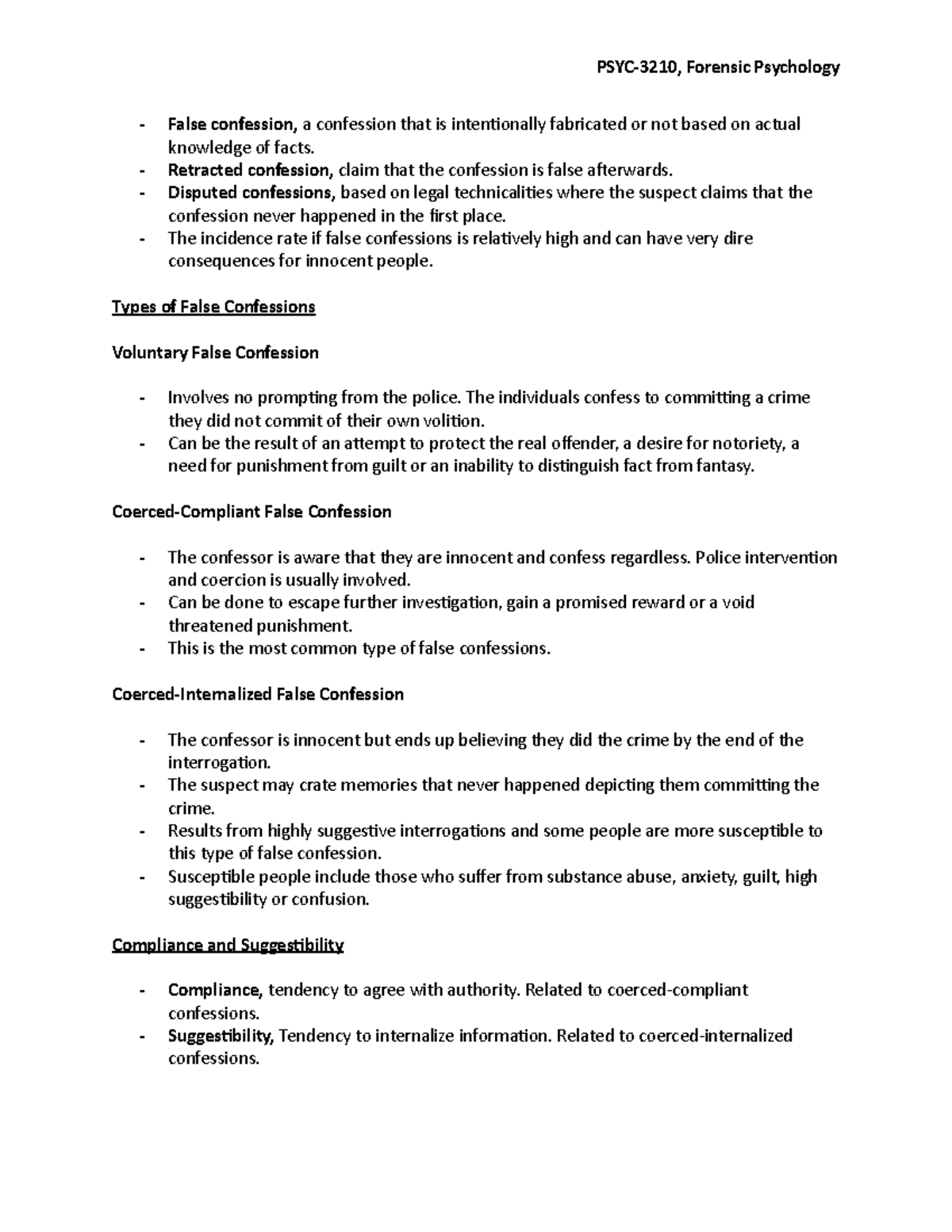 Week 1 False Confessions - PSYC-3210, Forensic Psychology - False ...