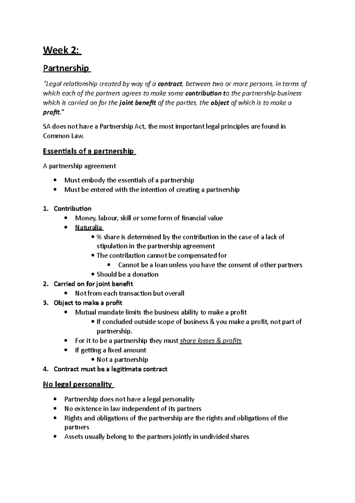 Week 2 - Week 2: Partnership “Legal relationship created by way of a ...
