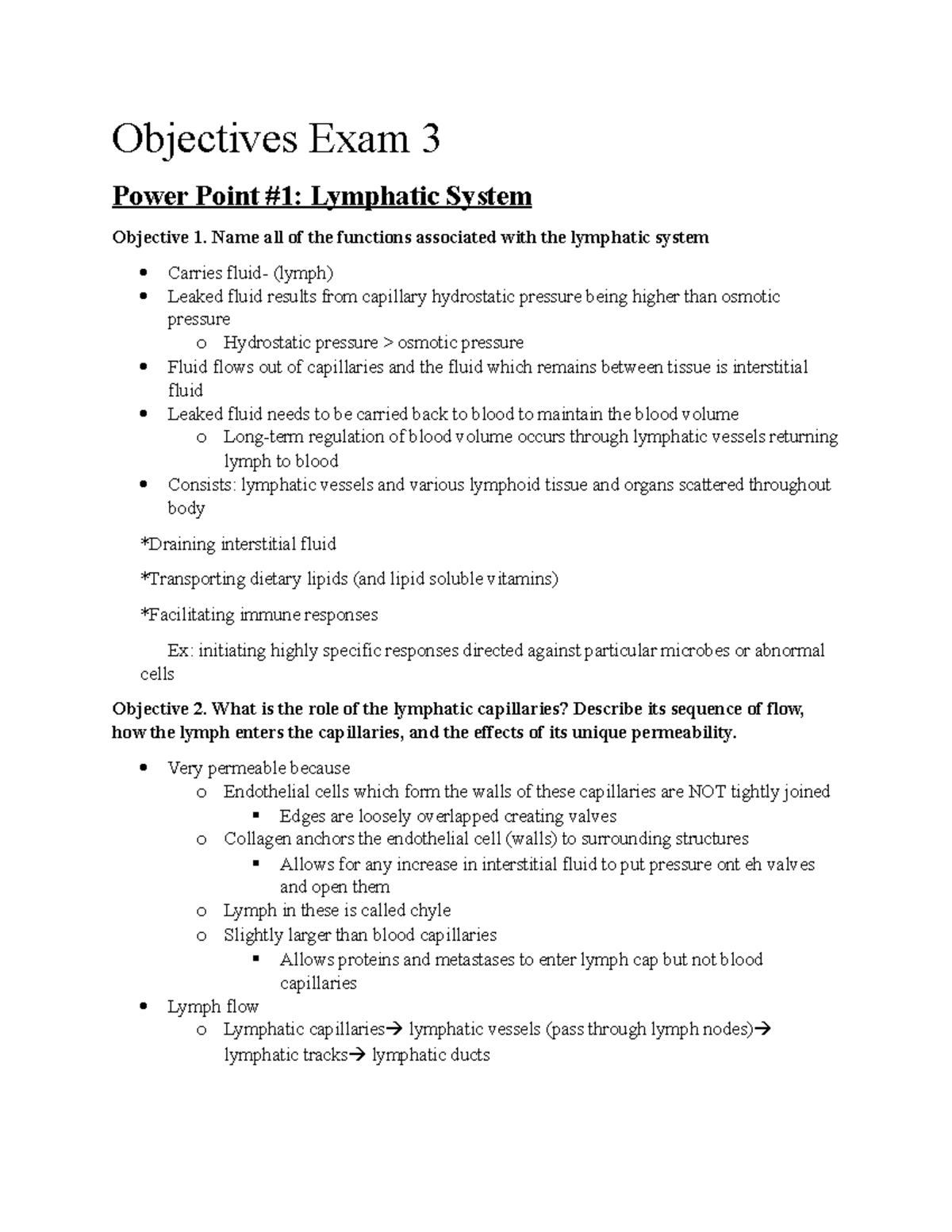 Exam 3 Objectives typed - Objectives Exam 3 Power Point #1: Lymphatic ...