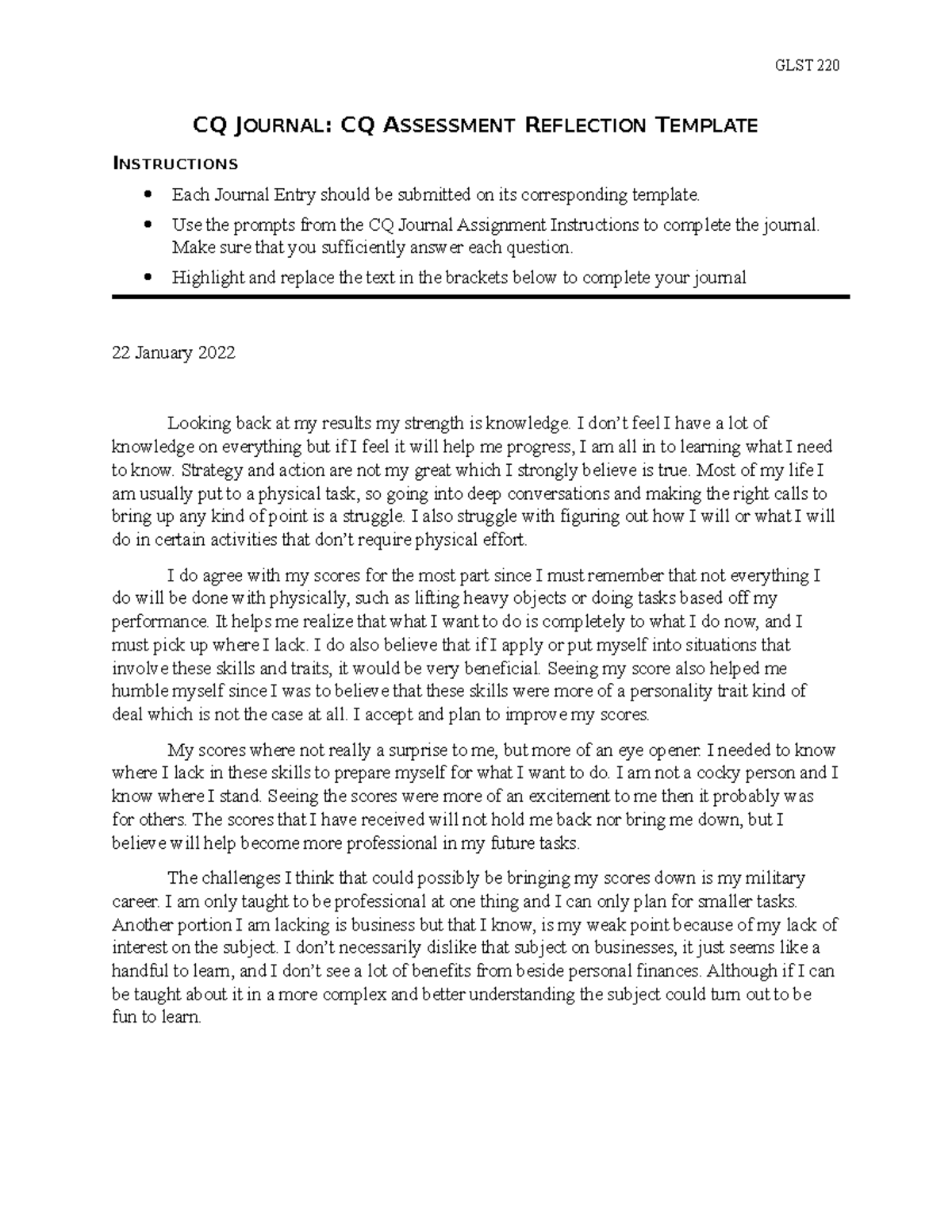 CQ Journal CQ Assessment Reflection week 2 - GLST 220 CQ JOURNAL: CQ ASSESSMENT REFLECTION ...