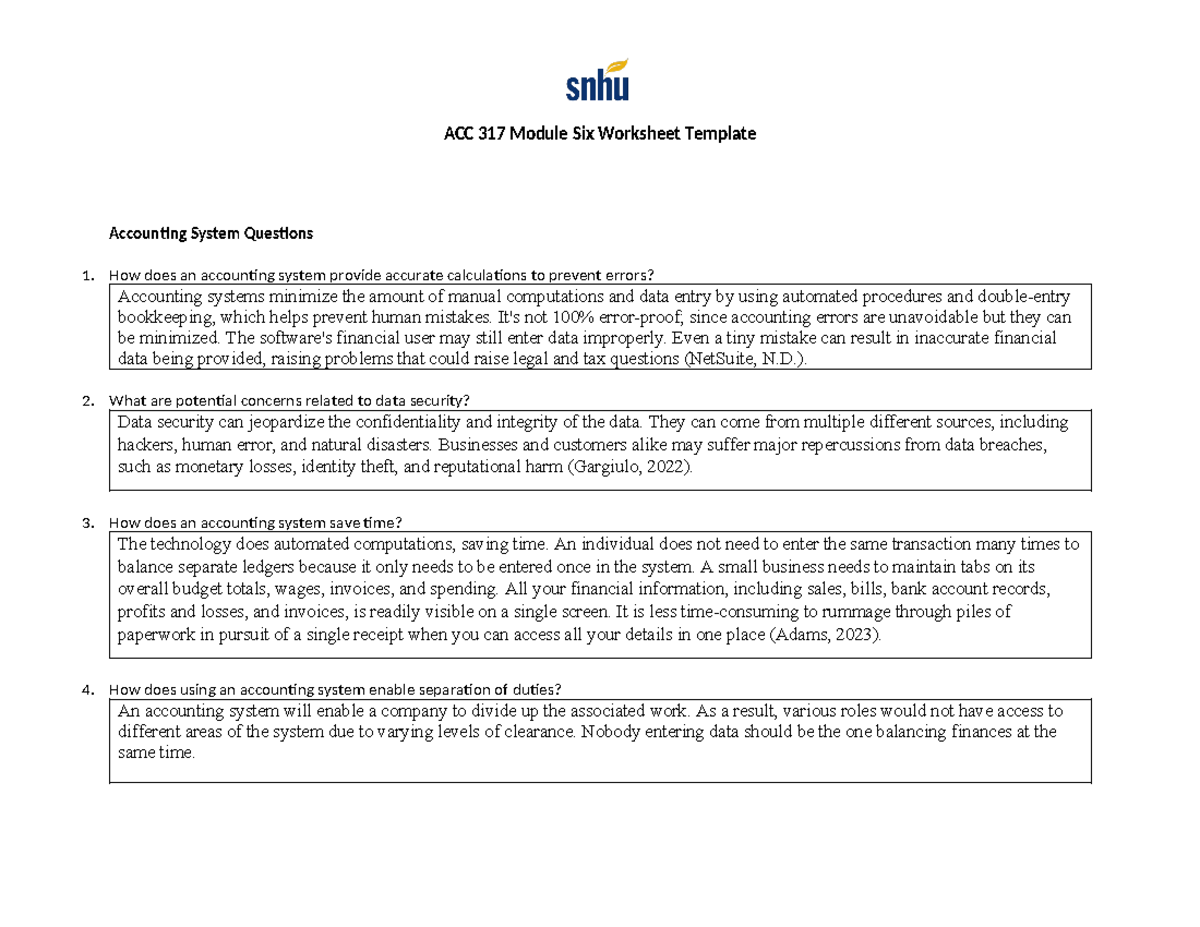 ACC 317 Module Six Worksheet - How does an accounting system provide ...