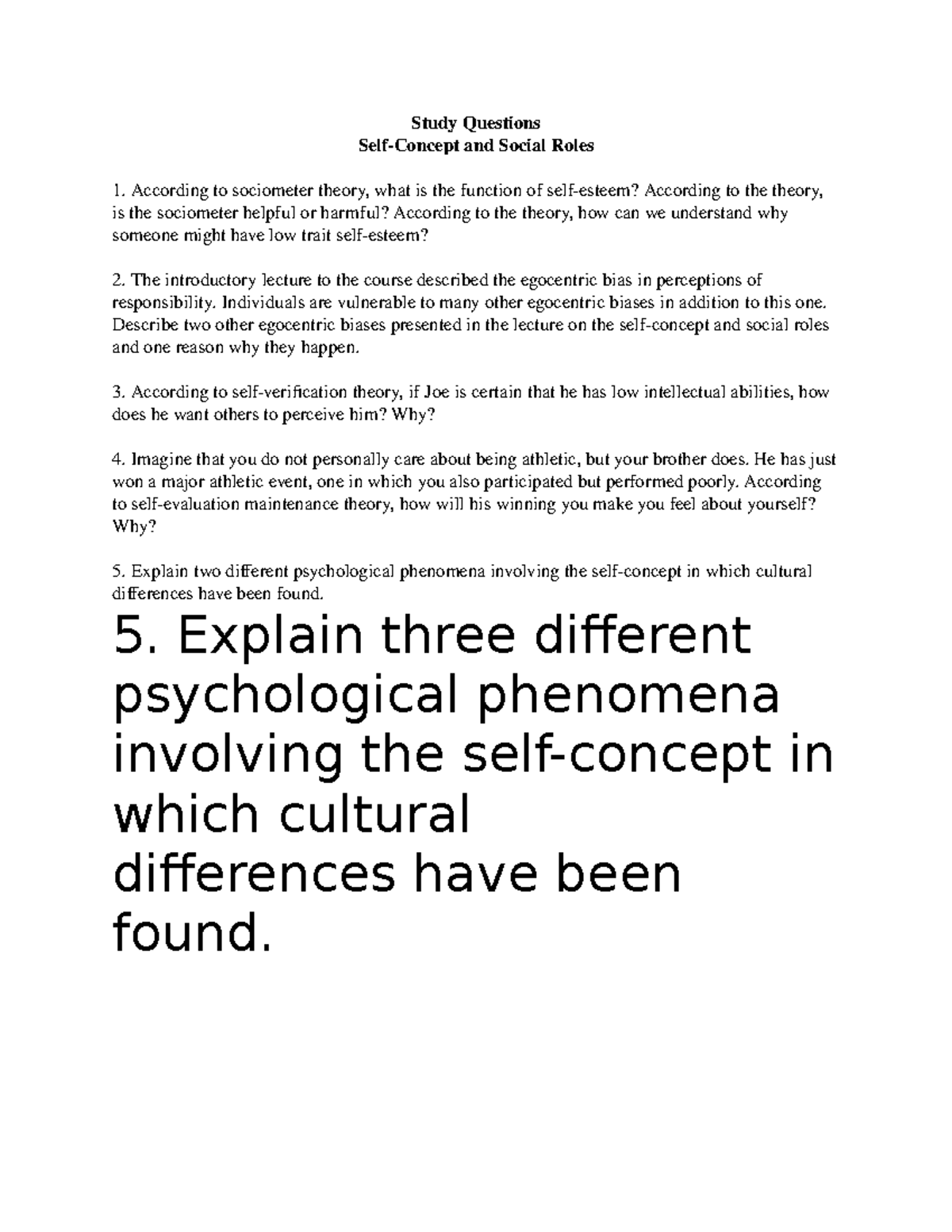 2540Study Questions Self Concept and Social Roles - Study Questions ...