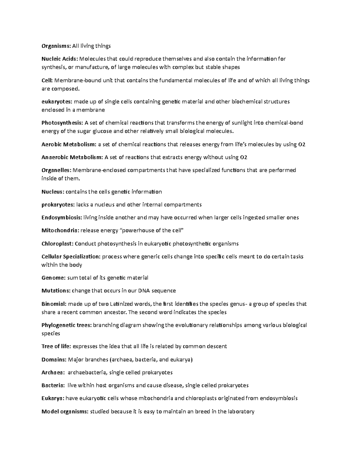 Chapter 1 vocabulary - Organisms: All living things Nucleic Acids ...