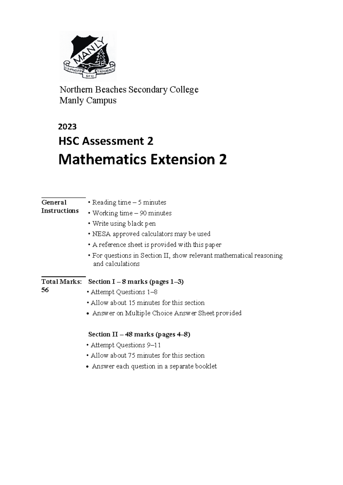 2023 Mathematics Extension 2 Assessment 2 + solutions - Northern ...