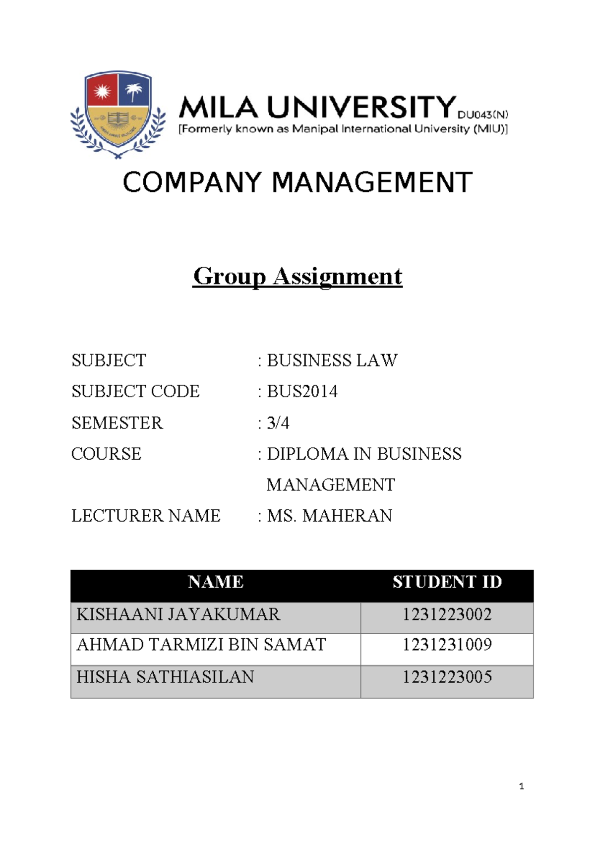Company Management - Group assignment based on chapter chosen by group for presentation and ...