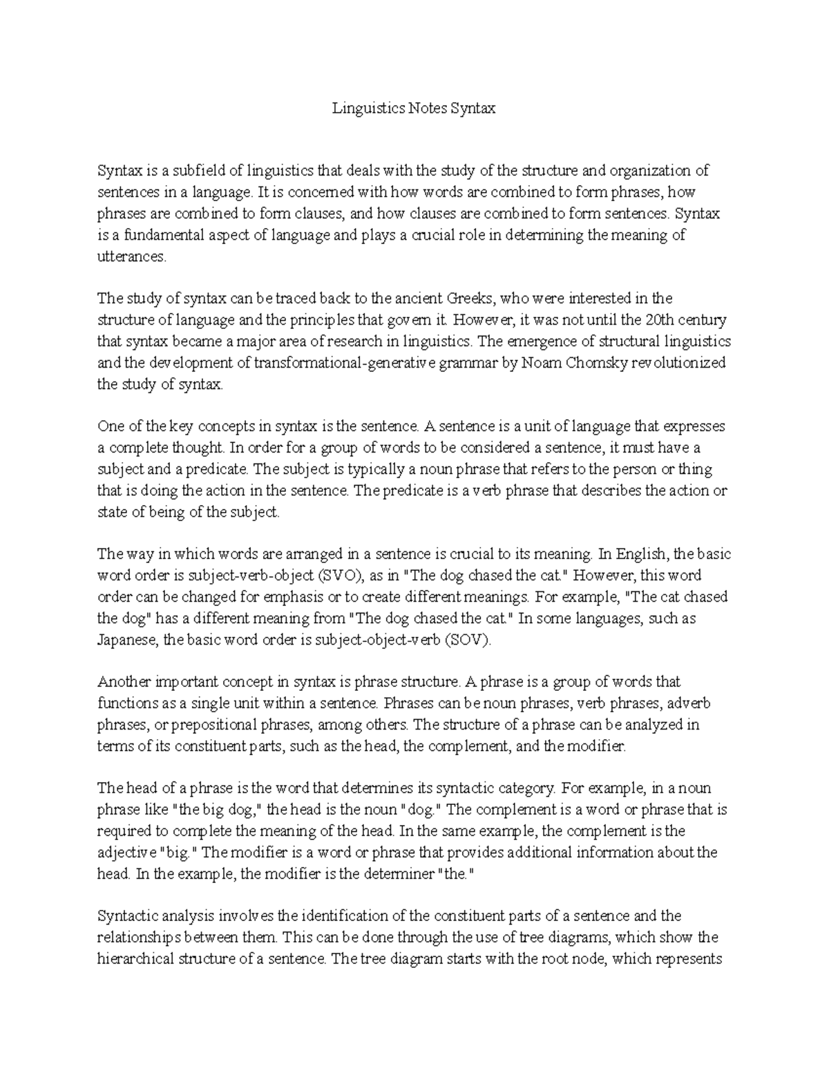 Syntax Notes - Linguistics Notes Syntax Syntax is a subfield of ...