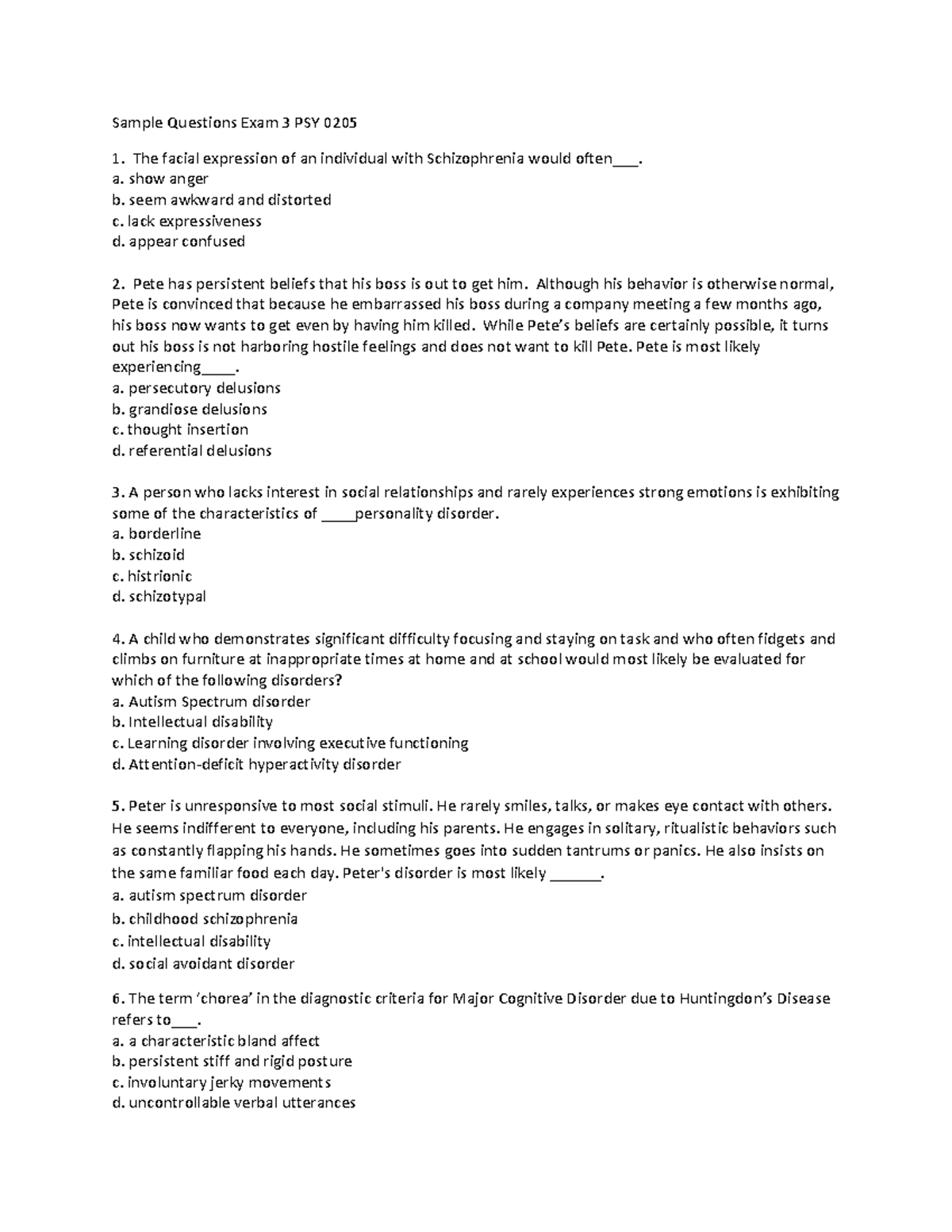 Sample Questions Exam 3 2221 PSY 0205 - Sample Questions Exam 3 PSY ...