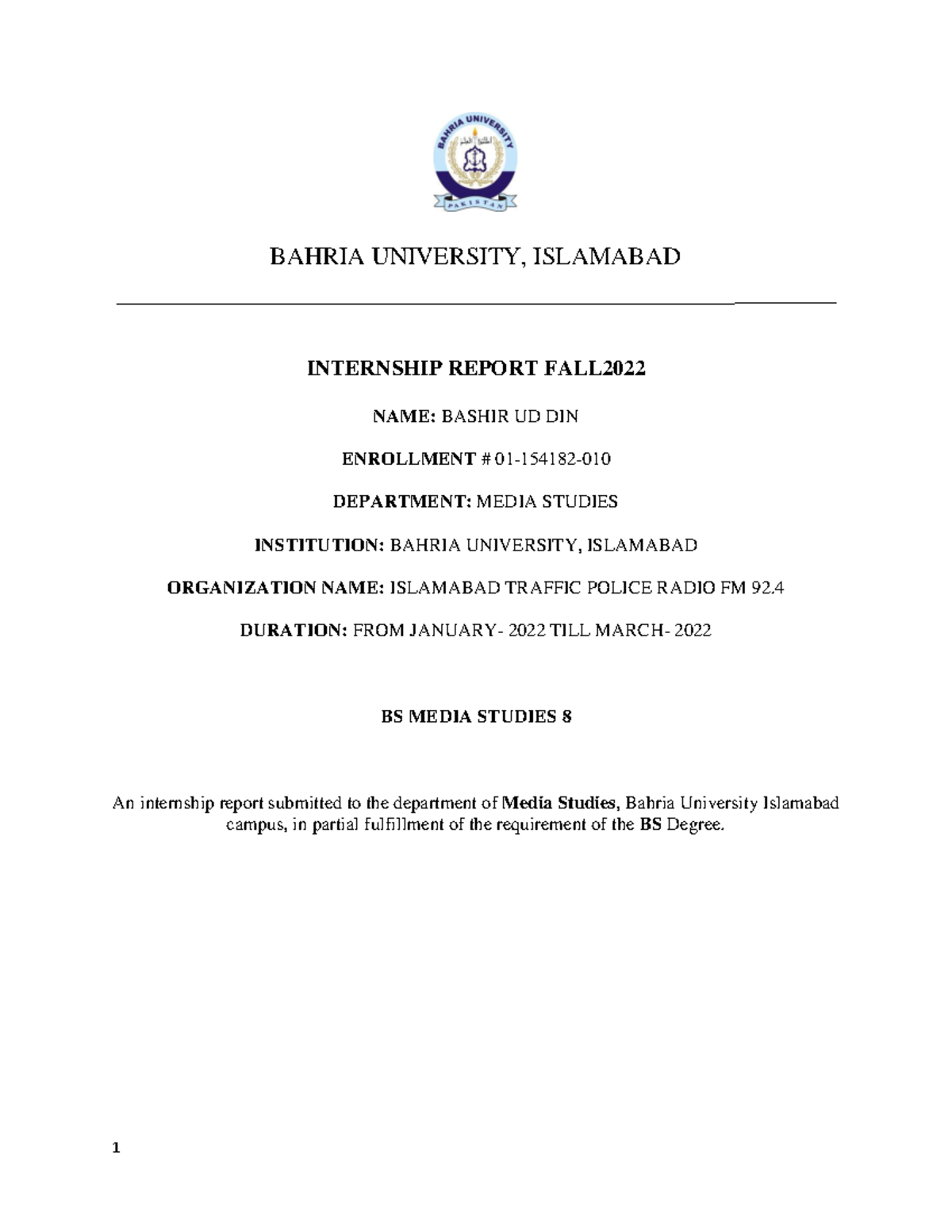 Intrenship report Bs media studies Bu - BAHRIA UNIVERSITY, ISLAMABAD ...