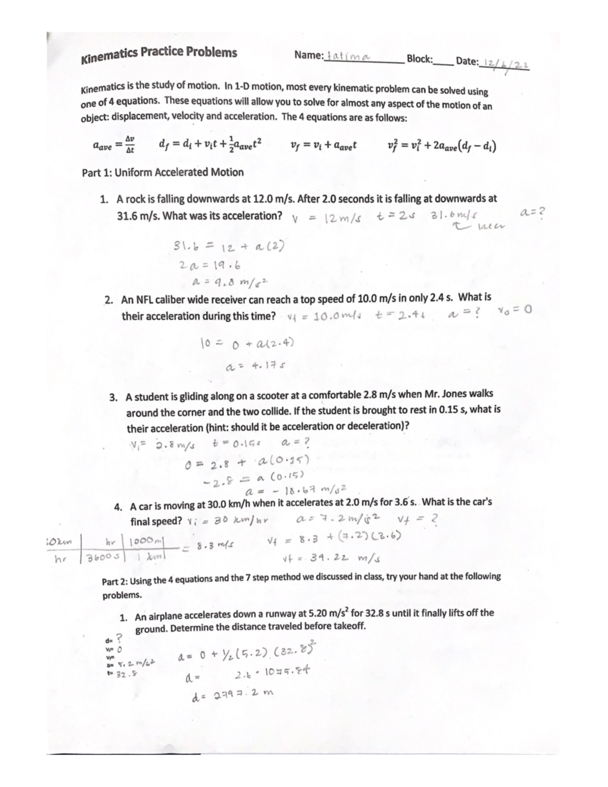 Kinematics Practice Problems - In motion, most every kinematic problem ...